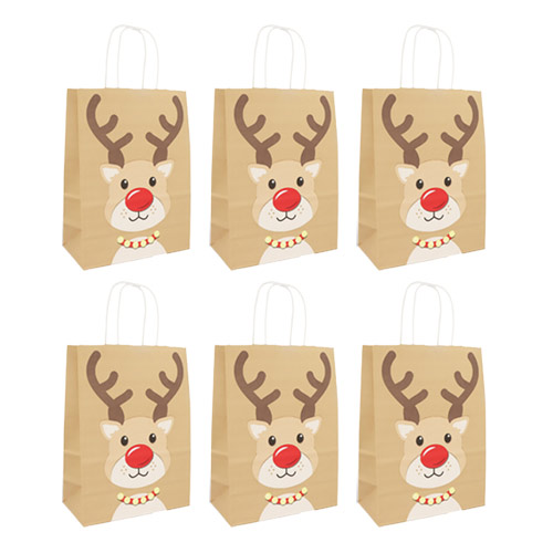 Rudolph Reindeer Christmas Paper Party Bags with Handles 22cm - Pack of ...