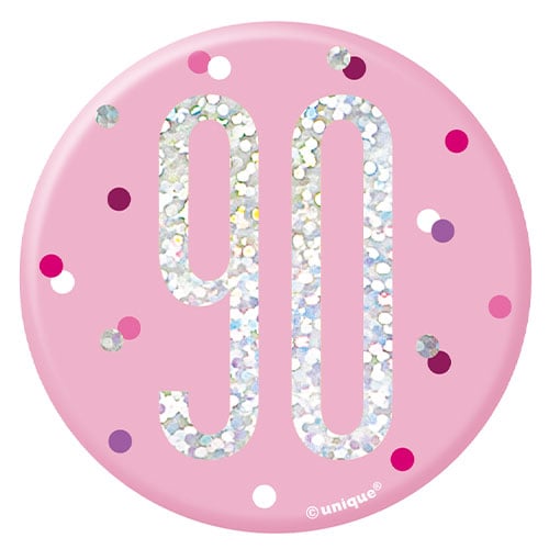 Pink Glitz Age 90 Holographic Birthday Badge 7cm | Partyrama