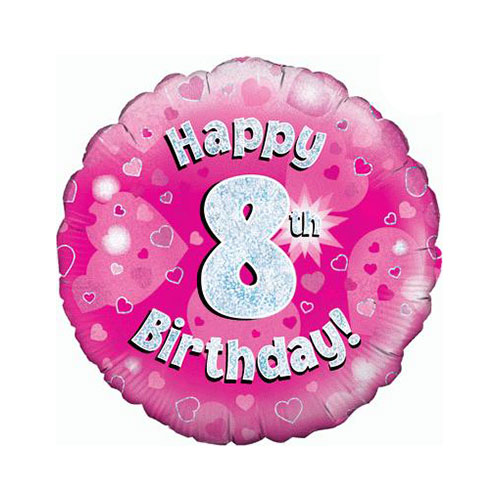 Pink Happy 8th Birthday Holographic Round Foil Helium Balloon 46cm / 18 ...