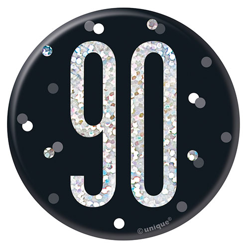 Black Glitz Age 90 Holographic Birthday Badge 7cm | Partyrama