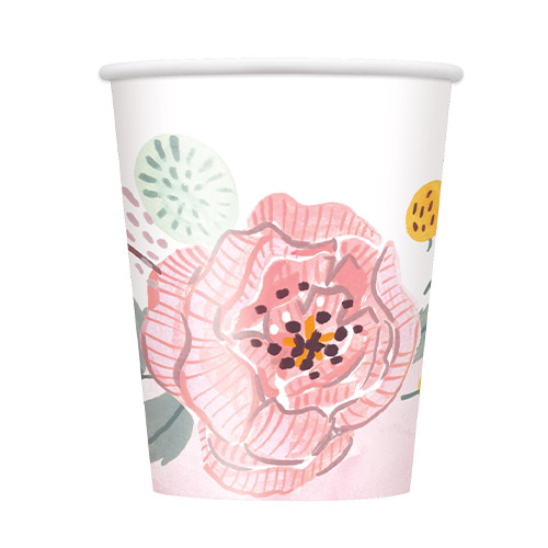 Baby Pink Floral Painted Watercolour Style Paper Cups 270ml - Pack of 8 ...