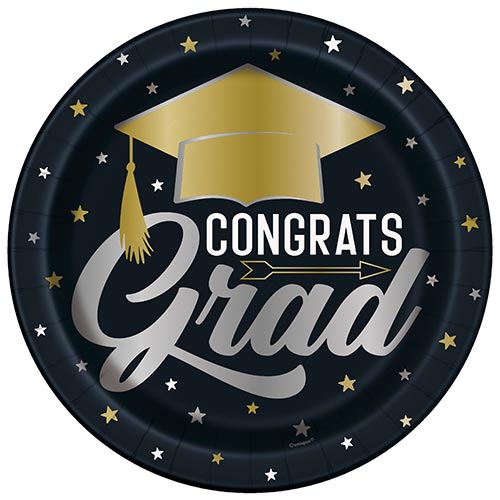 Stars & Caps Graduation Round Paper Plates 22cm - Pack of 8 | Partyrama