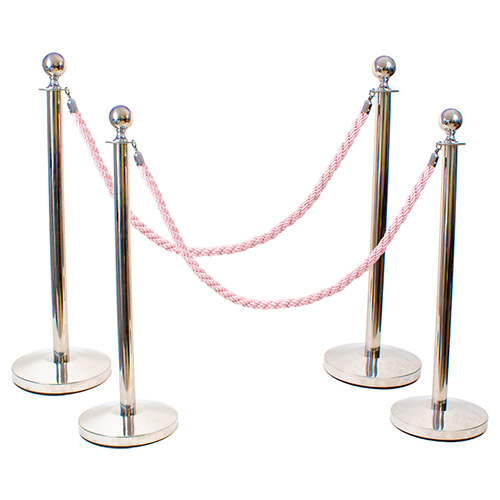 4 Prestige Chrome Poles With 2 Pink Braided Ropes | Partyrama