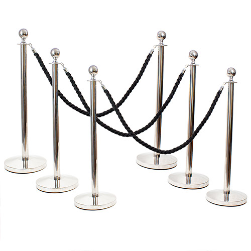 6 Prestige Chrome Poles With 4 Black Braided Ropes | Partyrama