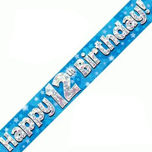 Blue Happy 12th Birthday Holographic Foil Banner 274cm | Partyrama