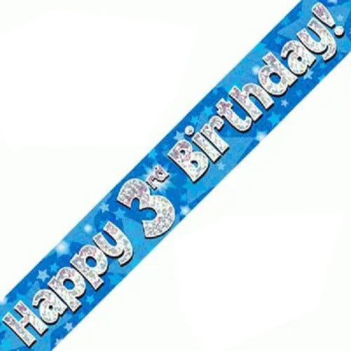 Blue Happy 3rd Birthday Holographic Foil Banner 274cm | Partyrama