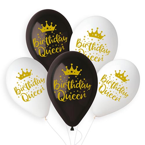 Gold Birthday Queen Black & White Latex Balloons 33cm / 13 in - Pack of ...