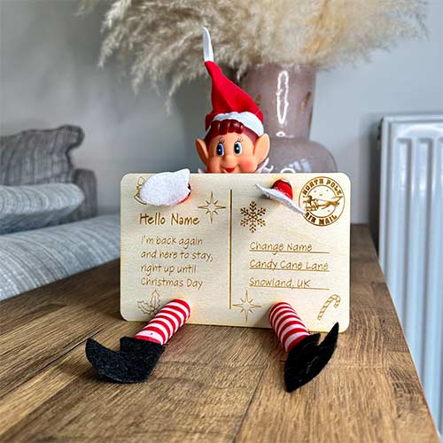 Personalised Elf Arrival Wooden Christmas Postcard Sign | Partyrama