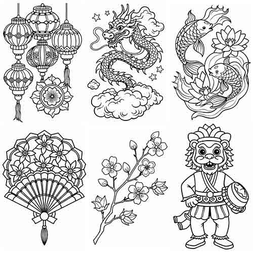 Assorted Chinese Lunar New Year A4 Colouring Sheets - Pack of 6 | Partyrama