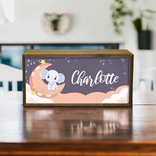 Personalised Elephant Moon Nursery LED Light Box Wood Room Sign | Partyrama