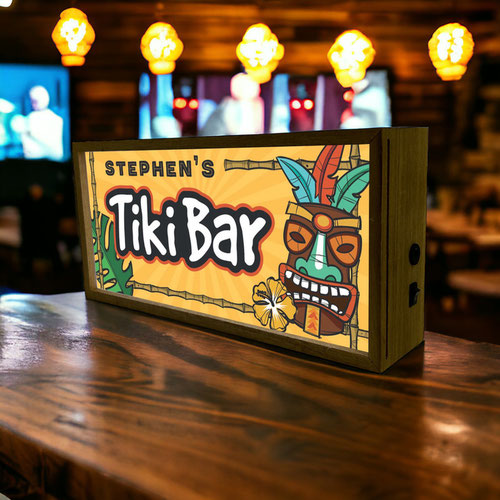 Personalised Tiki Bar Hawaiian LED Light Box Wood Room Sign | Partyrama