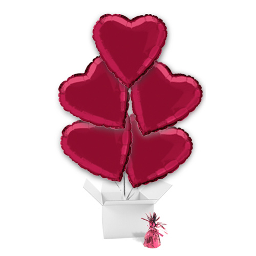 Burgundy Deep Red Heart Shape Foil Helium Balloon Bouquet - 5 Inflated ...